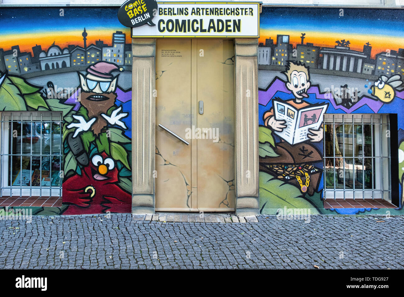 Comic Base Berlin. Colourful exterior of store selling comics in ...