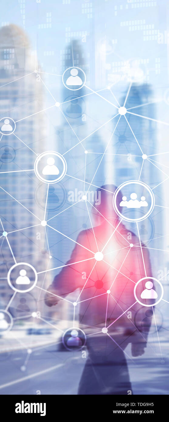 Vertical Panorama Banner. Double exposure people network structure HR ...