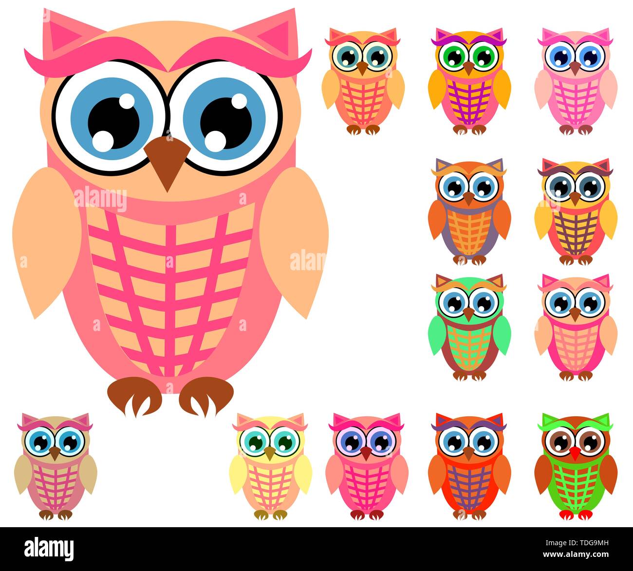 Large set of cute multicolored cartoon owls for children, different ...