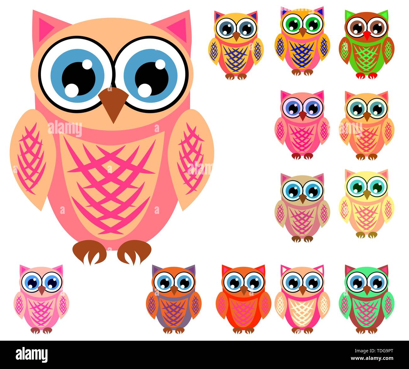 Large set of cute multicolored cartoon owls for children, different ...