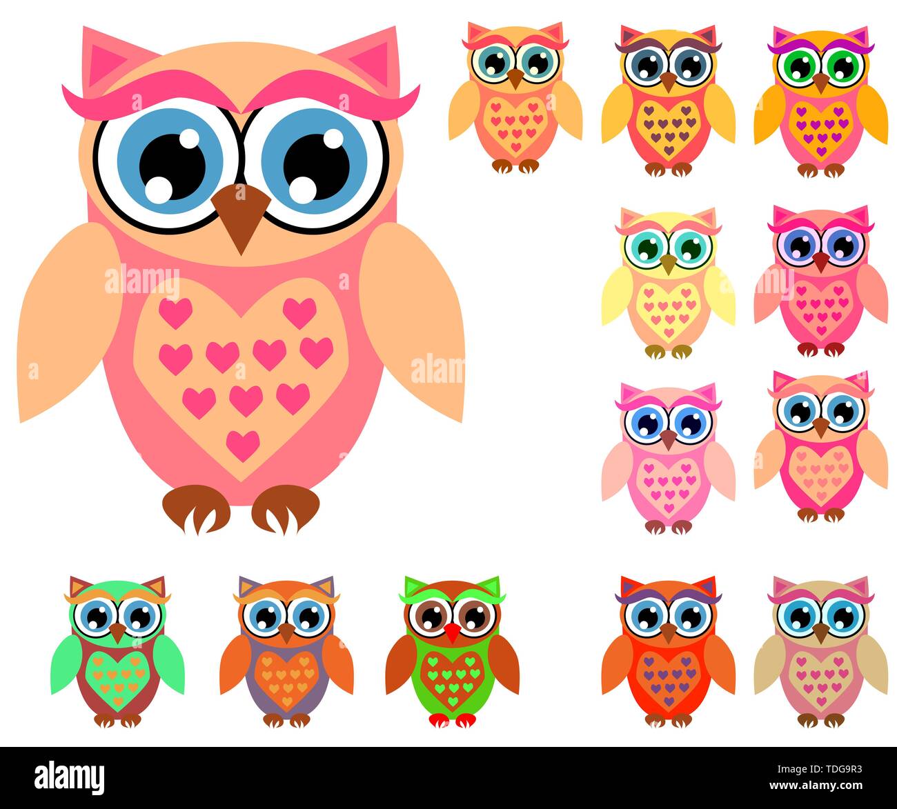 Large set of cute multicolored cartoon owls for children, different ...