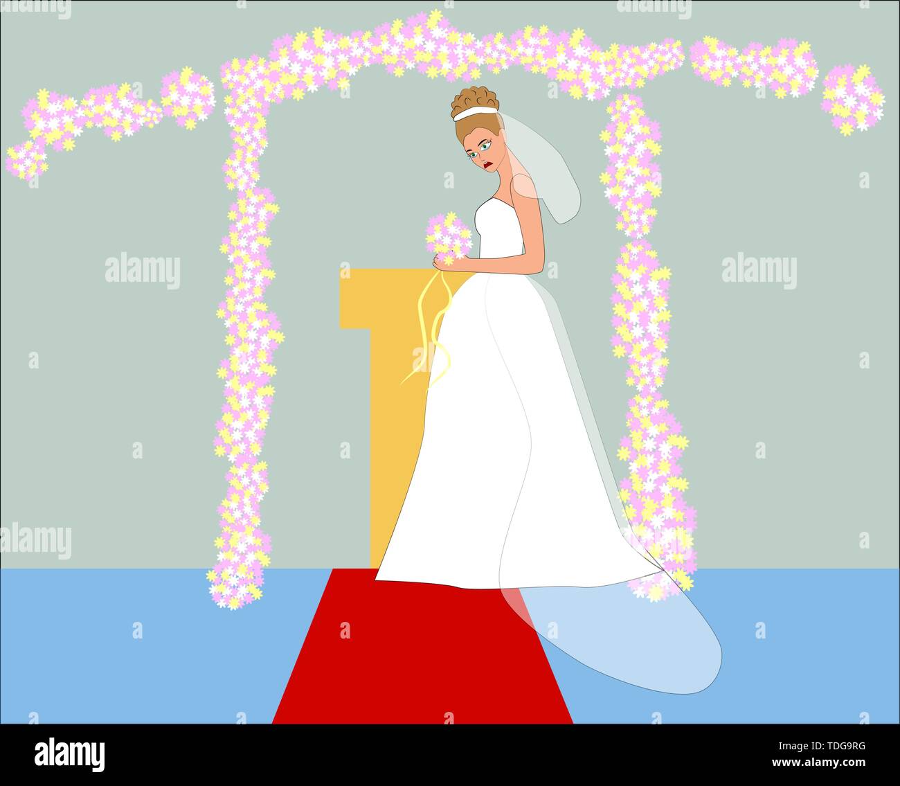 Sad bride in white wedding dress and pink flowers. Illustration of ...