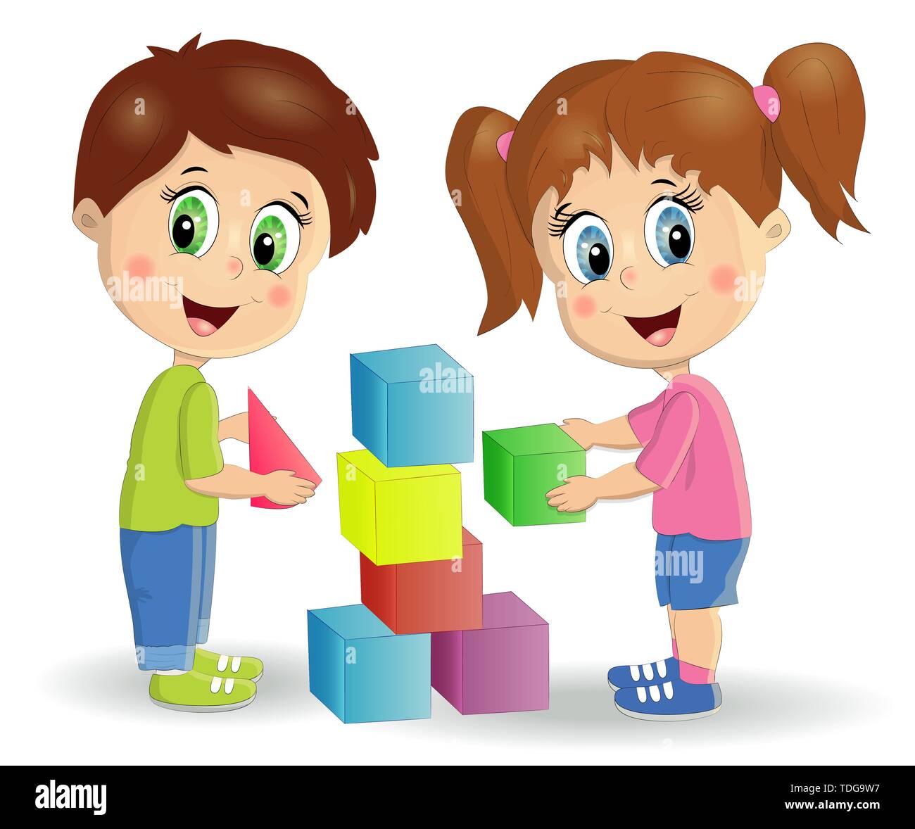 children build tower with blocks. Kids play using kit with bright ...