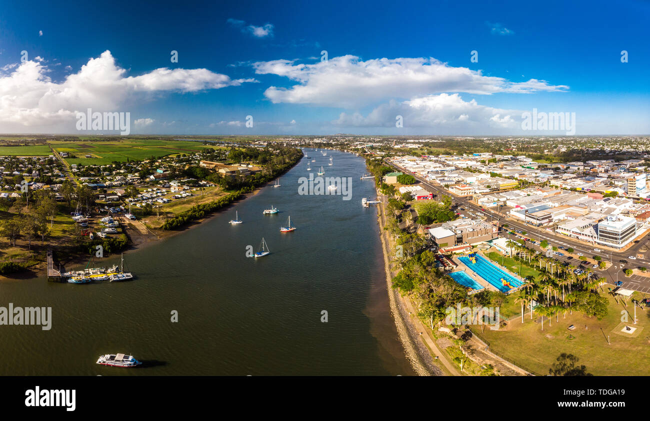 Aerial drone view of central area of Bundaberg, Queensland, Australia ...