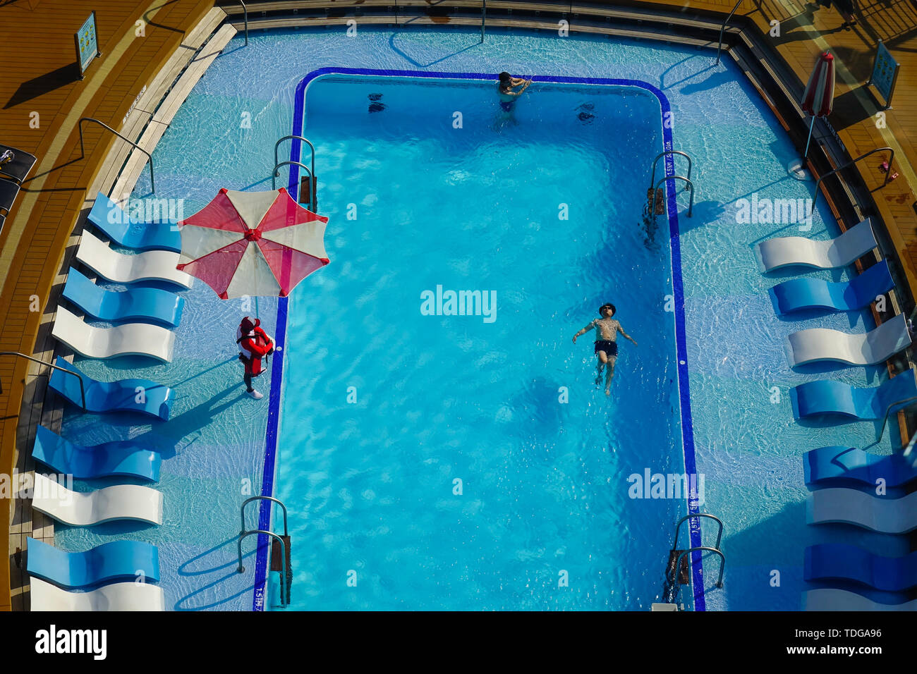 Shanghai, China - May 5, 2019. View on top deck with swimming pool on ...