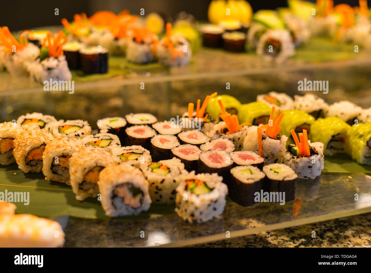Sushi rolls at the luxury buffet restaurant. Food concept Stock Photo ...