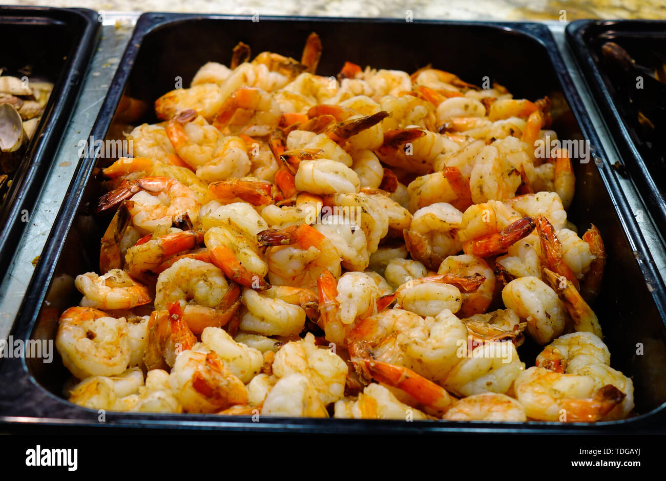 Seafood buffet line (shrimp) of luxury hotel restaurant. Food concept ...