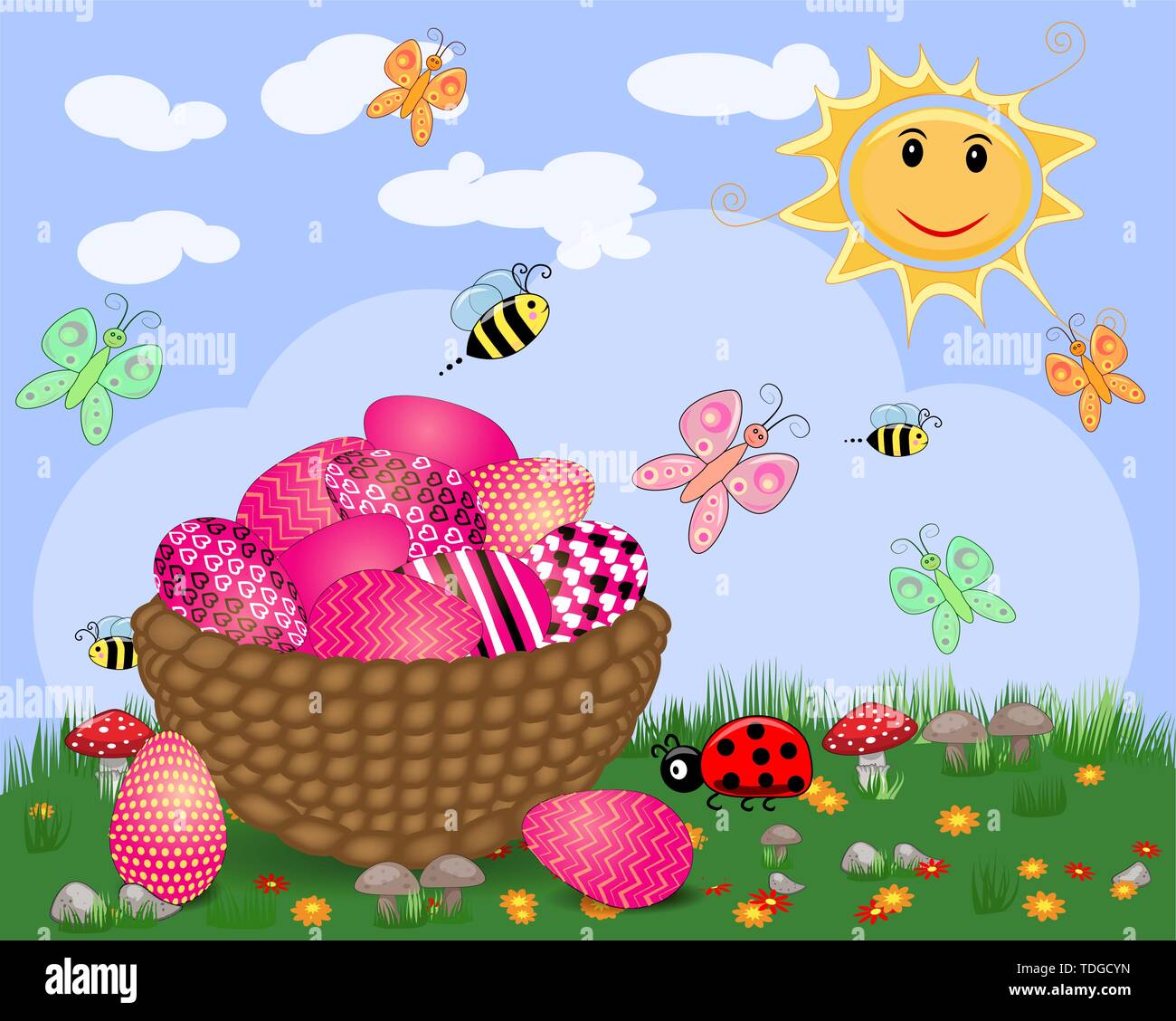 Easter background with decorated Easter eggs and Easter eggs in basket ...