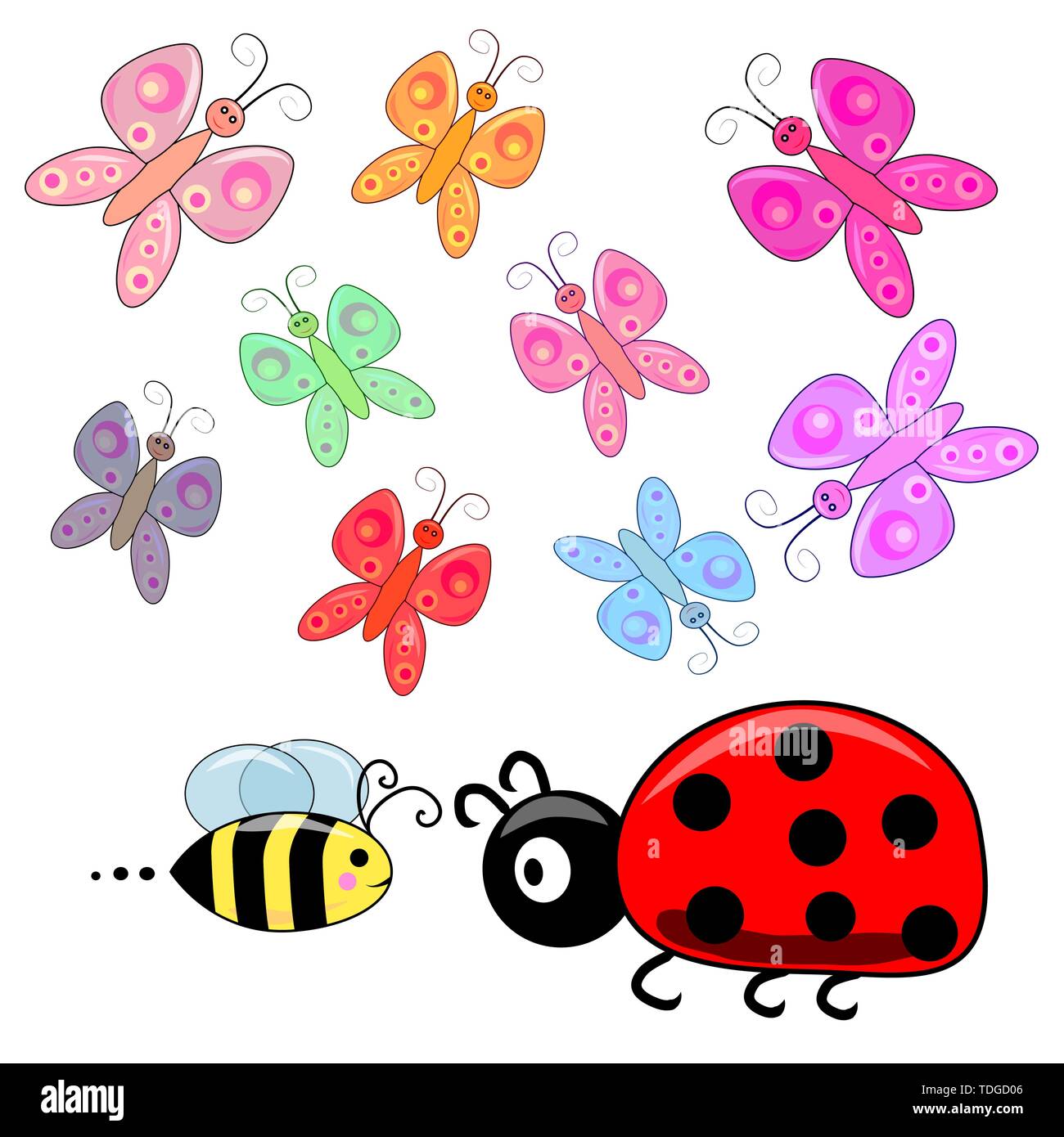 Cute small insects elements set, collection of coloring book template ...
