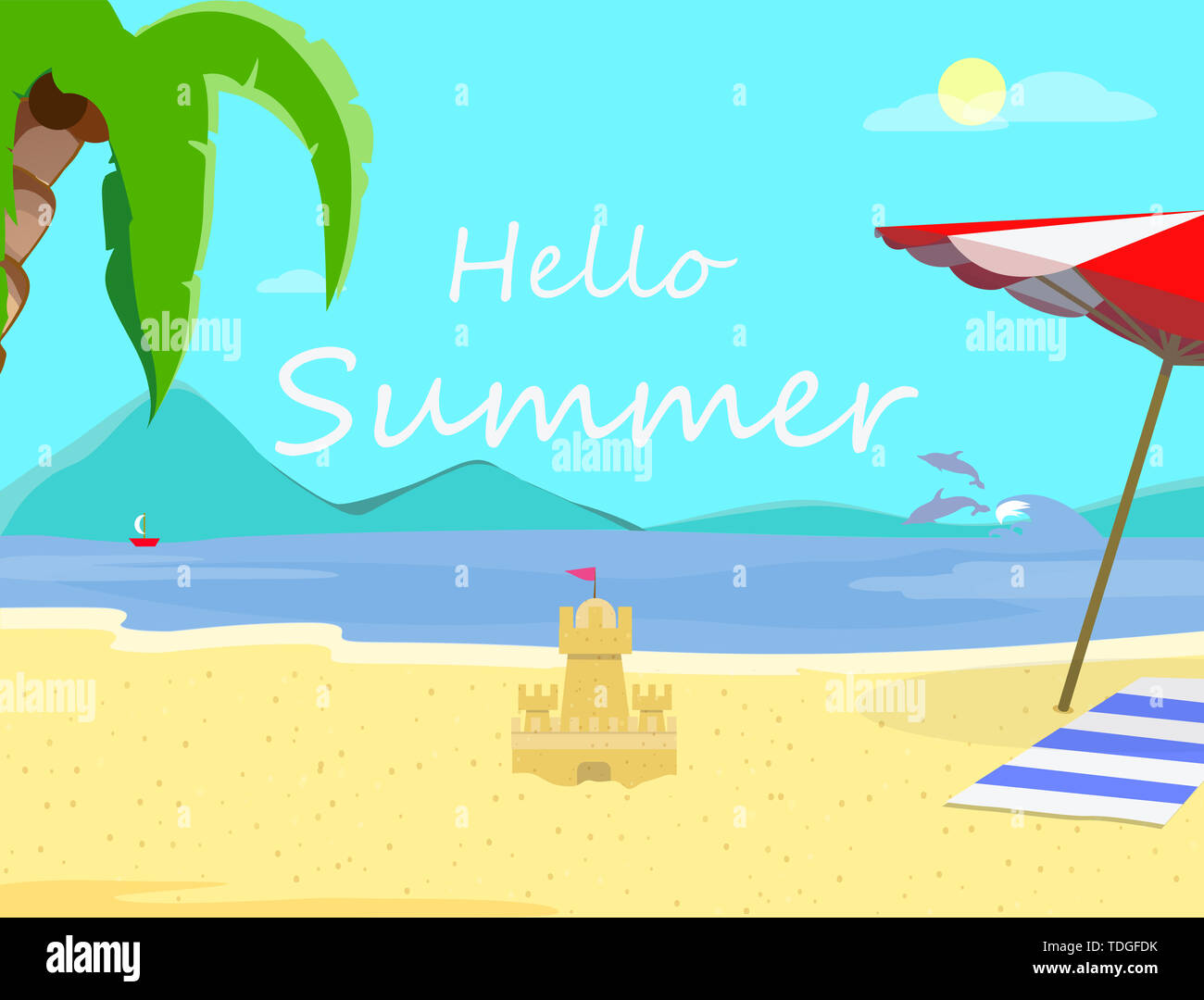 Hello Summer Beach Background with Coastline Seascape, Dolphins, Sun ...
