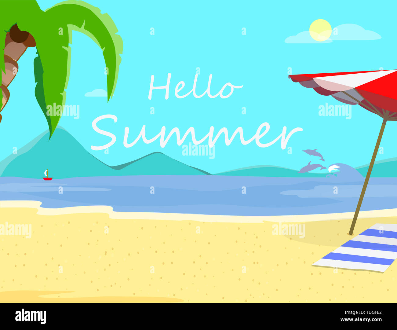 Hello Summer Beach Background with Seascape, Dolphins, Sun Umbrella, Towel and Sailing Ship ...