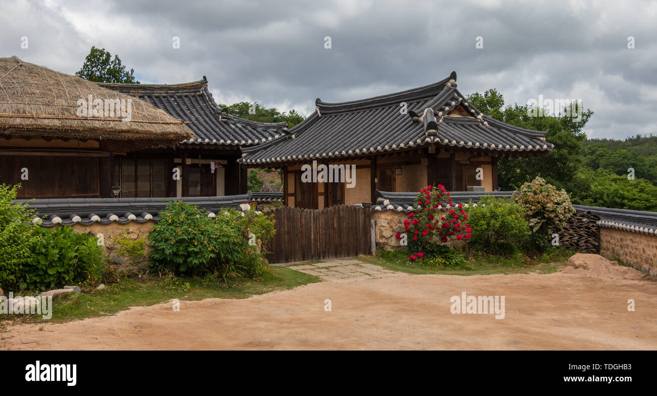 Typical korean traditional style country side buildings with farmyard ...