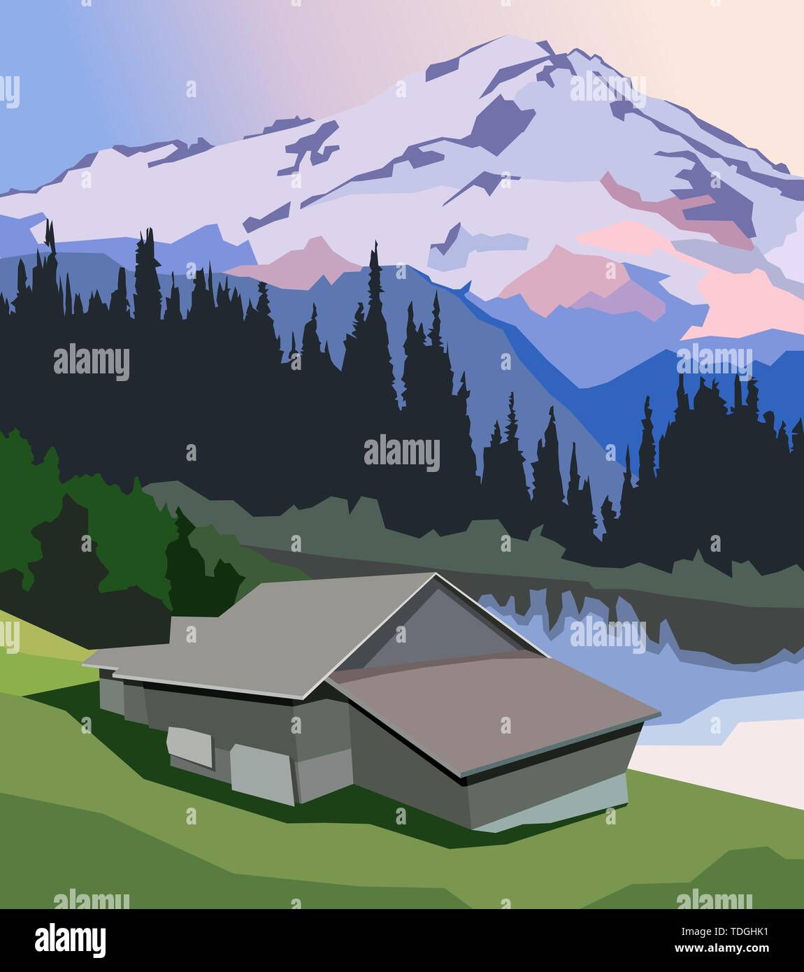 Living in countryside near lake and mountains. Print. Picturesque ...