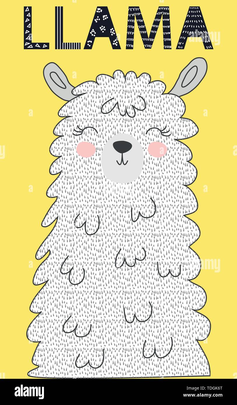 Hand drawn vector illustration of a cute funny llama. Isolated objects ...