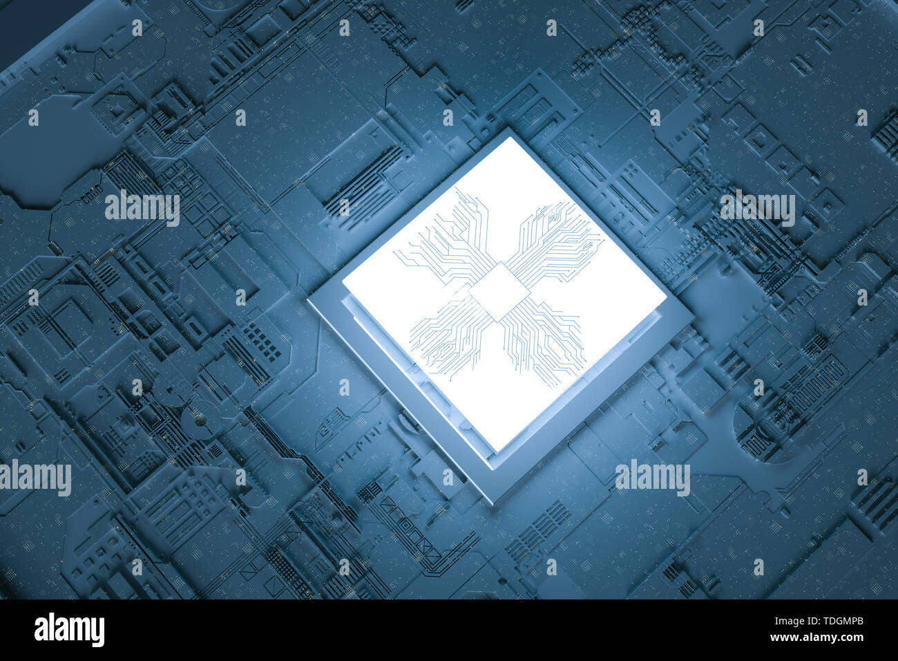 Three-dimensional rendering, circuit board with blue chip Stock Photo ...