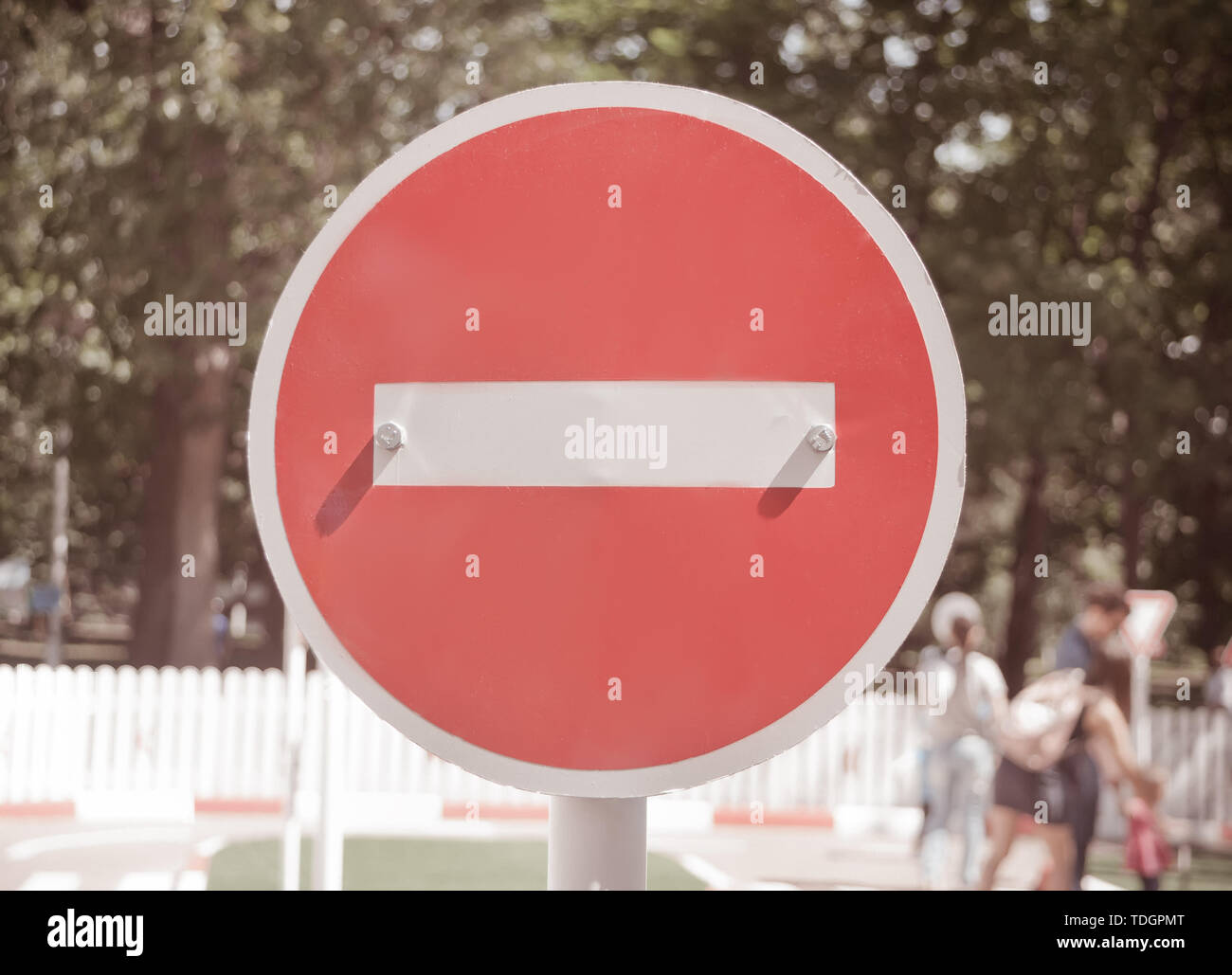Prohibition traffic sign in the park, stop sign Stock Photo - Alamy