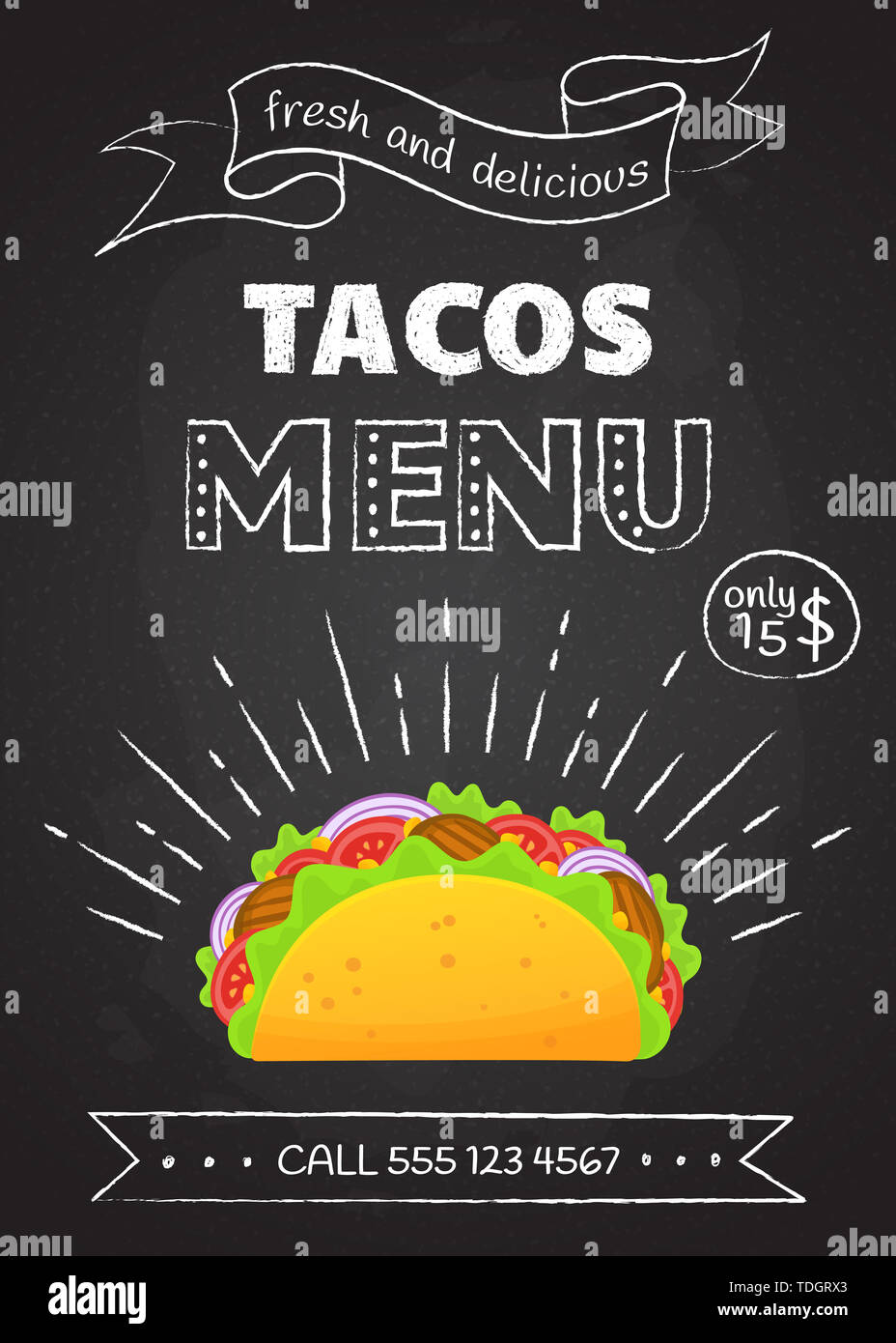 Traditional mexican fast food tacos menu illustration. Vintage chalk ...