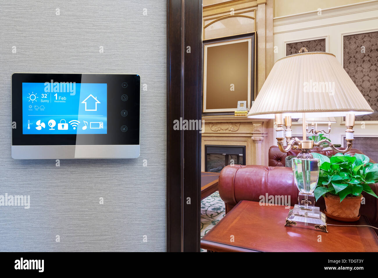 Smart screen with modern living room Stock Photo - Alamy