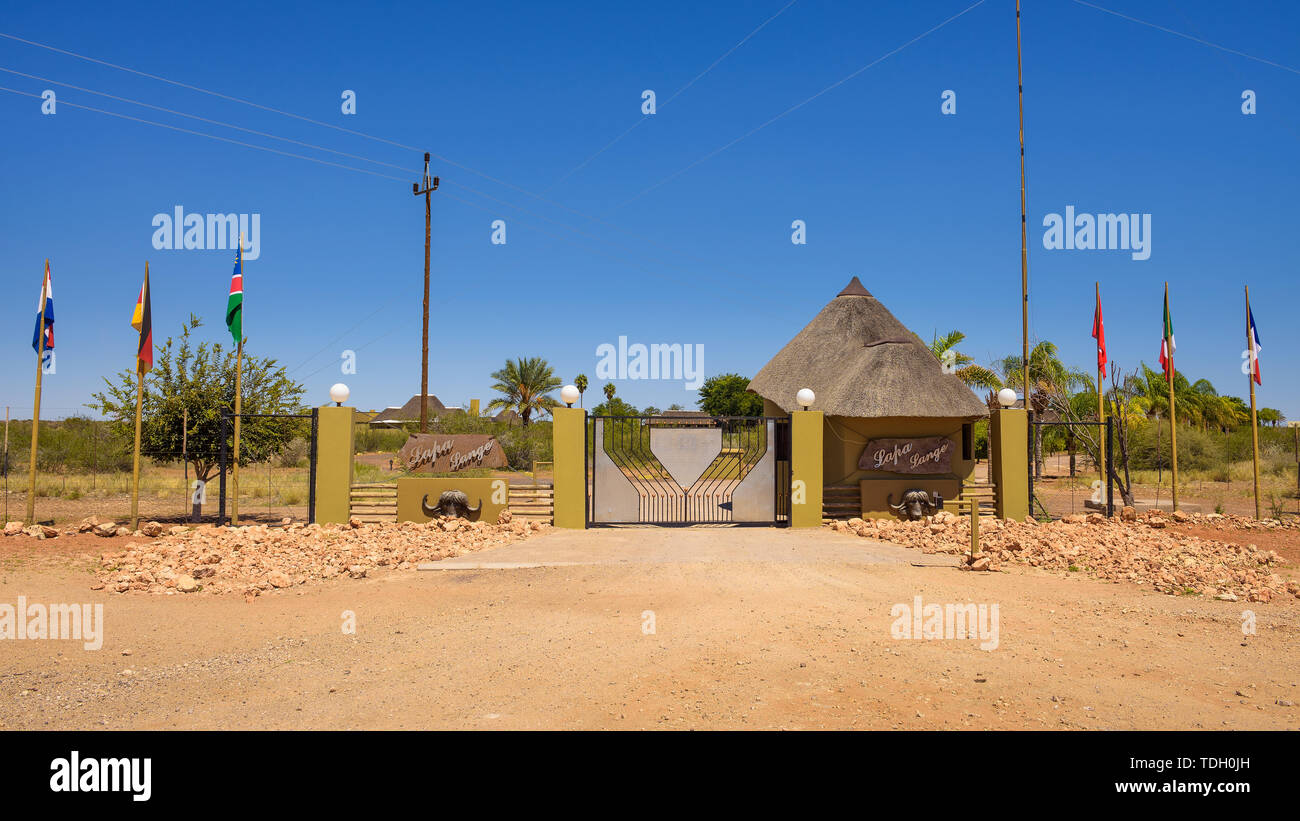 Entry gate to the Lapa Lange Game Lodge in Southern Namibia Stock Photo ...
