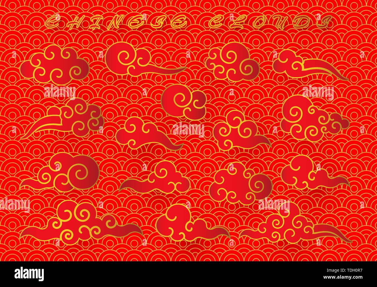 Cloud in Chinese style. Abstract red and gold cloudy set isolated on ...