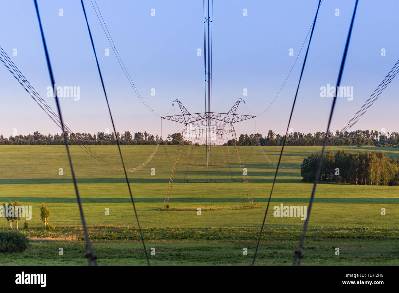 huge power line towers on field at summer evening Stock Photo - Alamy
