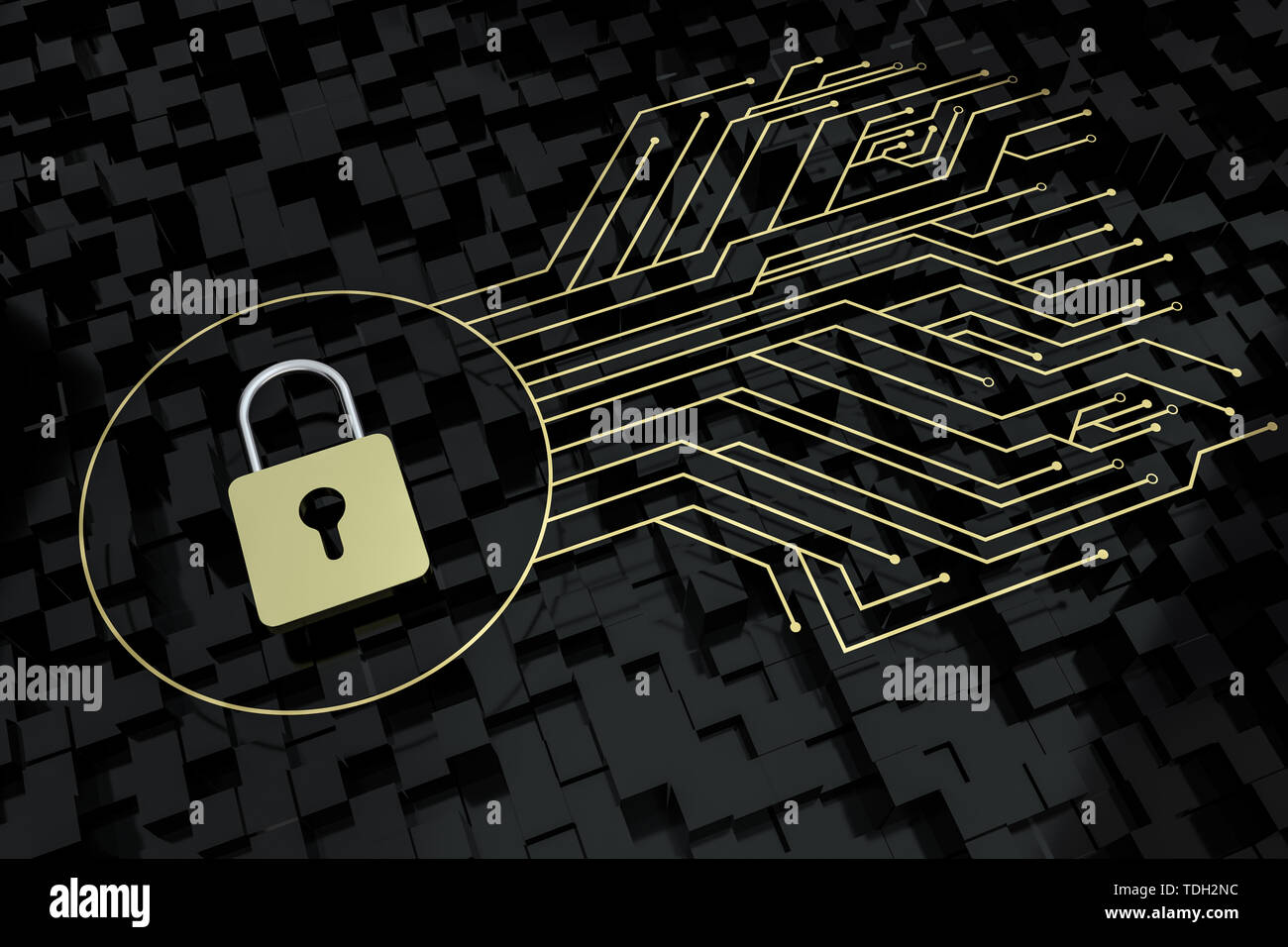 Three-dimensional rendering, metal encryption lock with tech background ...