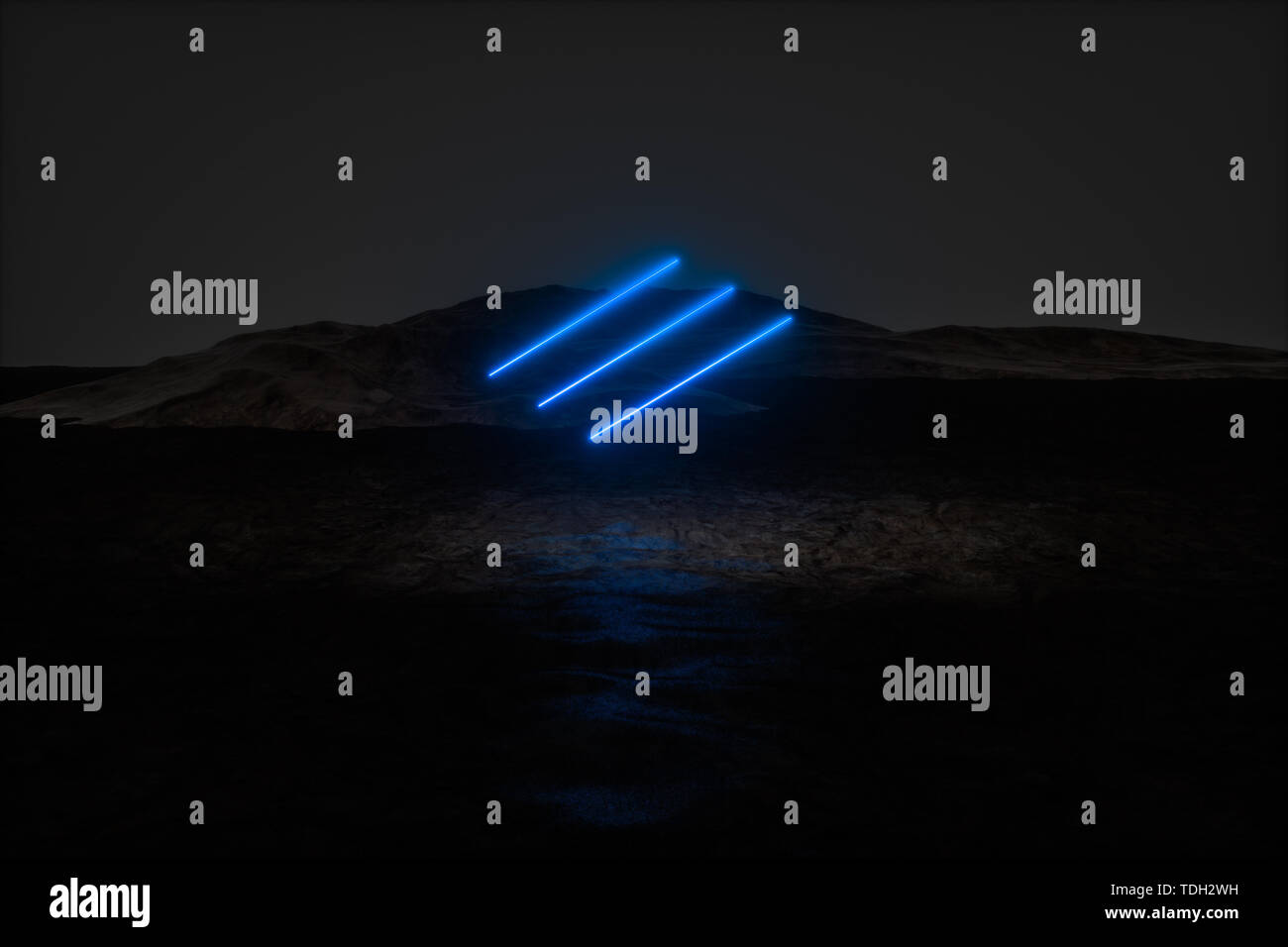 Three-dimensional rendering, colorful lines with dark terrain Stock ...