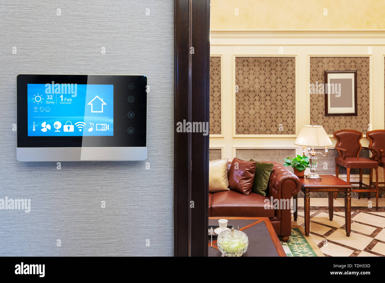 Smart screen with modern living room Stock Photo - Alamy