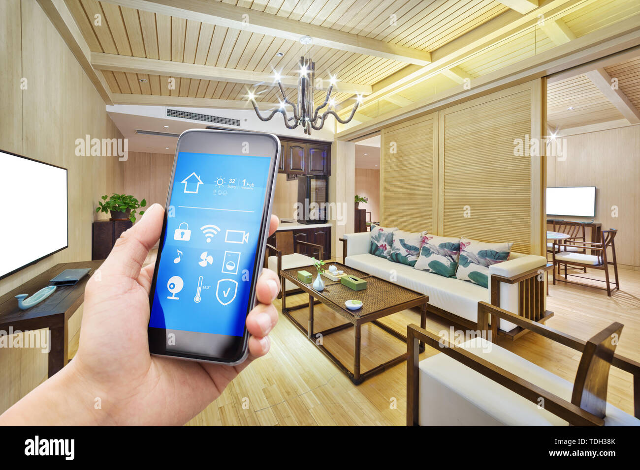 smart phone with smart home with modern living room Stock Photo - Alamy