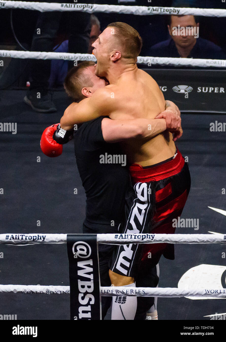 Riga, Latvia. 15th June, 2019. Mairis Briedis (R) of Latvia reacts ...