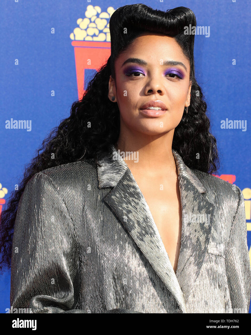 Actress Tessa Thompson arrives at the 2019 MTV Movie And TV Awards held ...