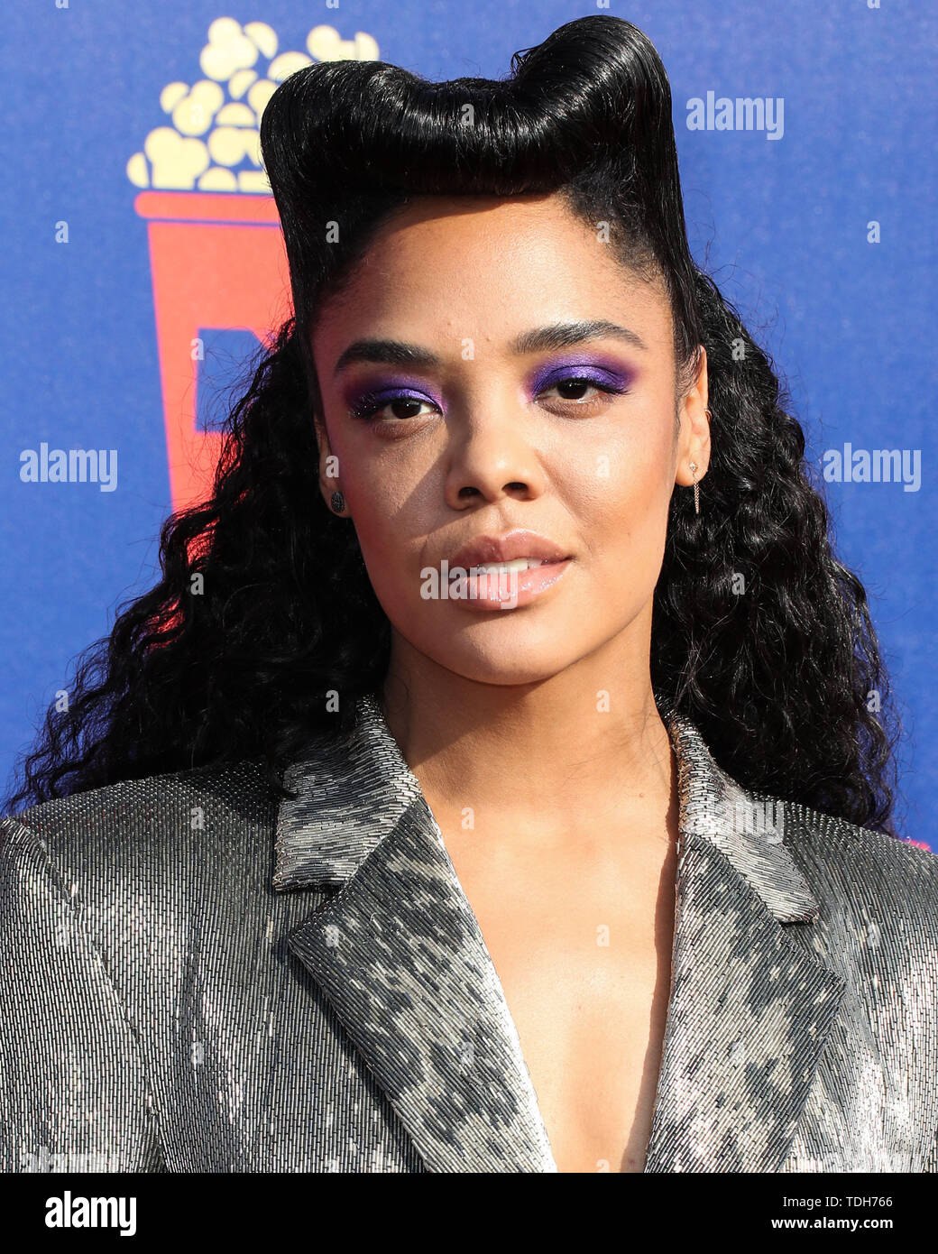 Actress Tessa Thompson arrives at the 2019 MTV Movie And TV Awards held ...