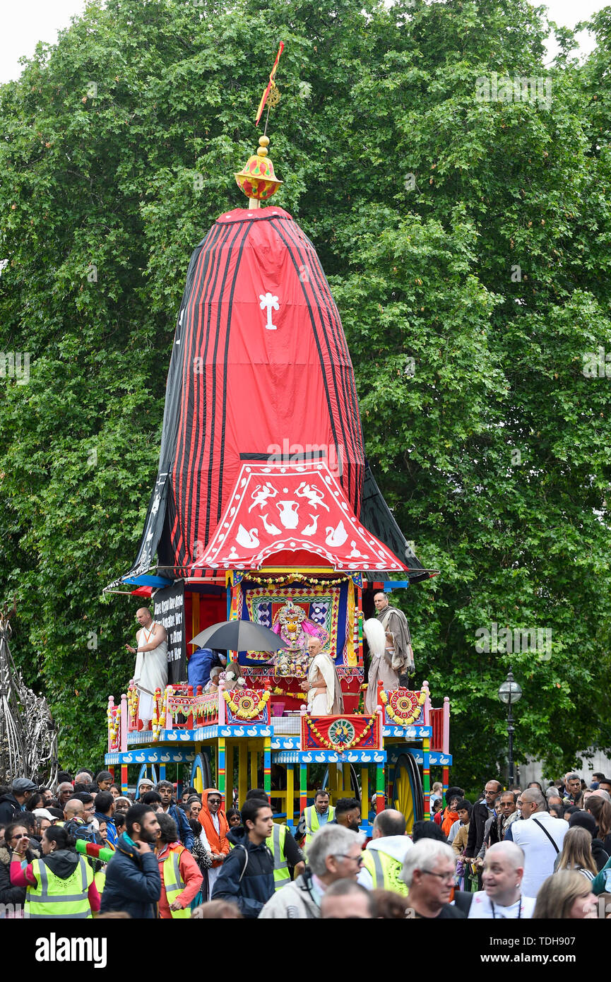 London, UK. 16 June 2019. Devotees celebrate the annual Rathayatra ...