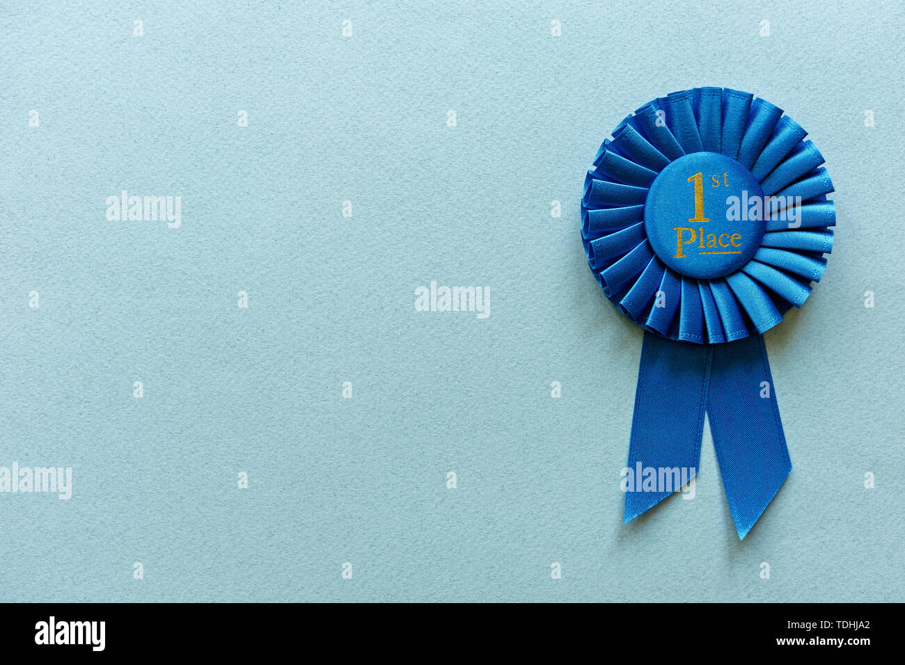 Champion or Winners 1st Place blue rosette with gold text on a light ...