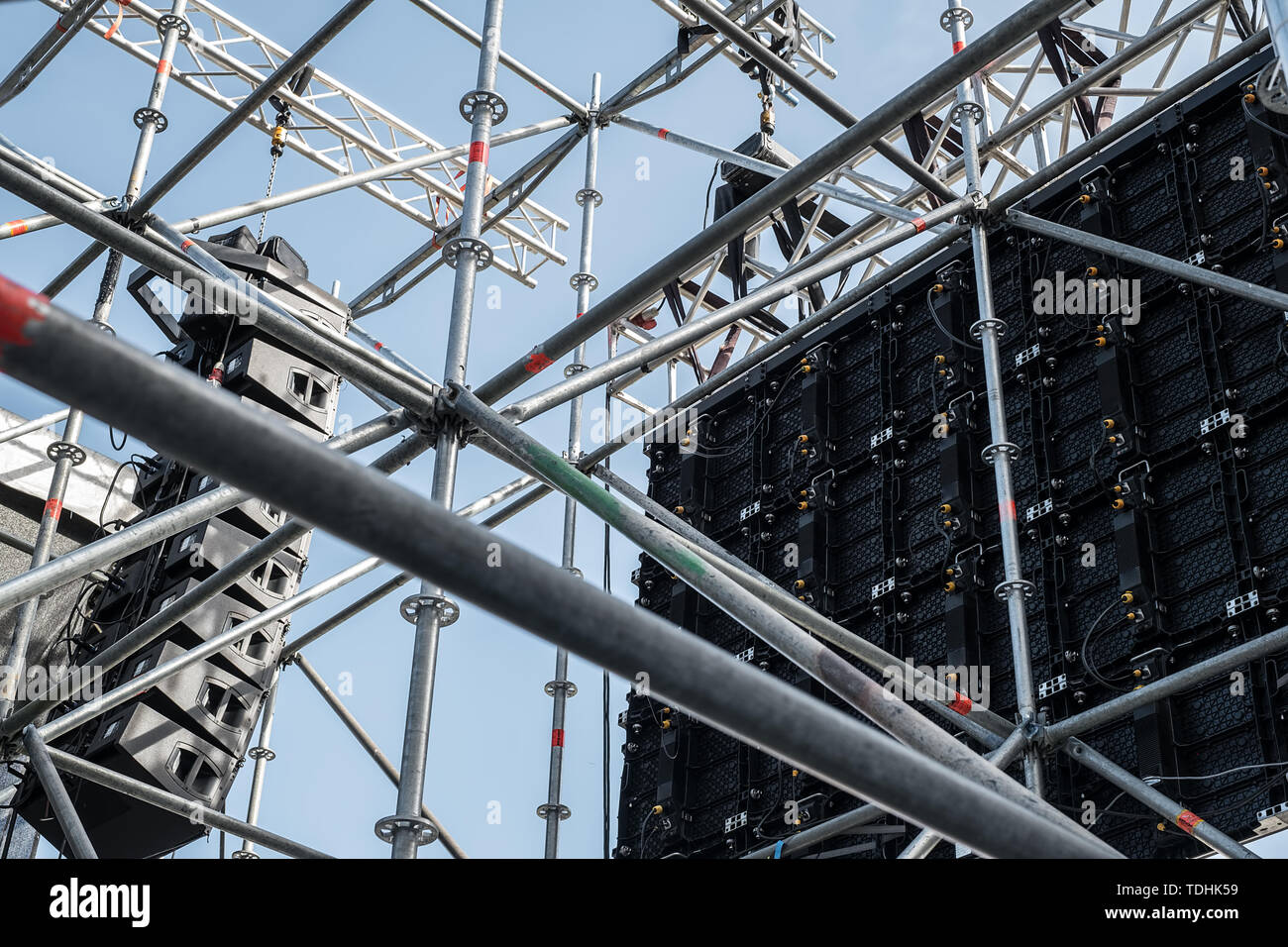 Behind of the LED monitor display on scaffold scene and speakers Stock ...