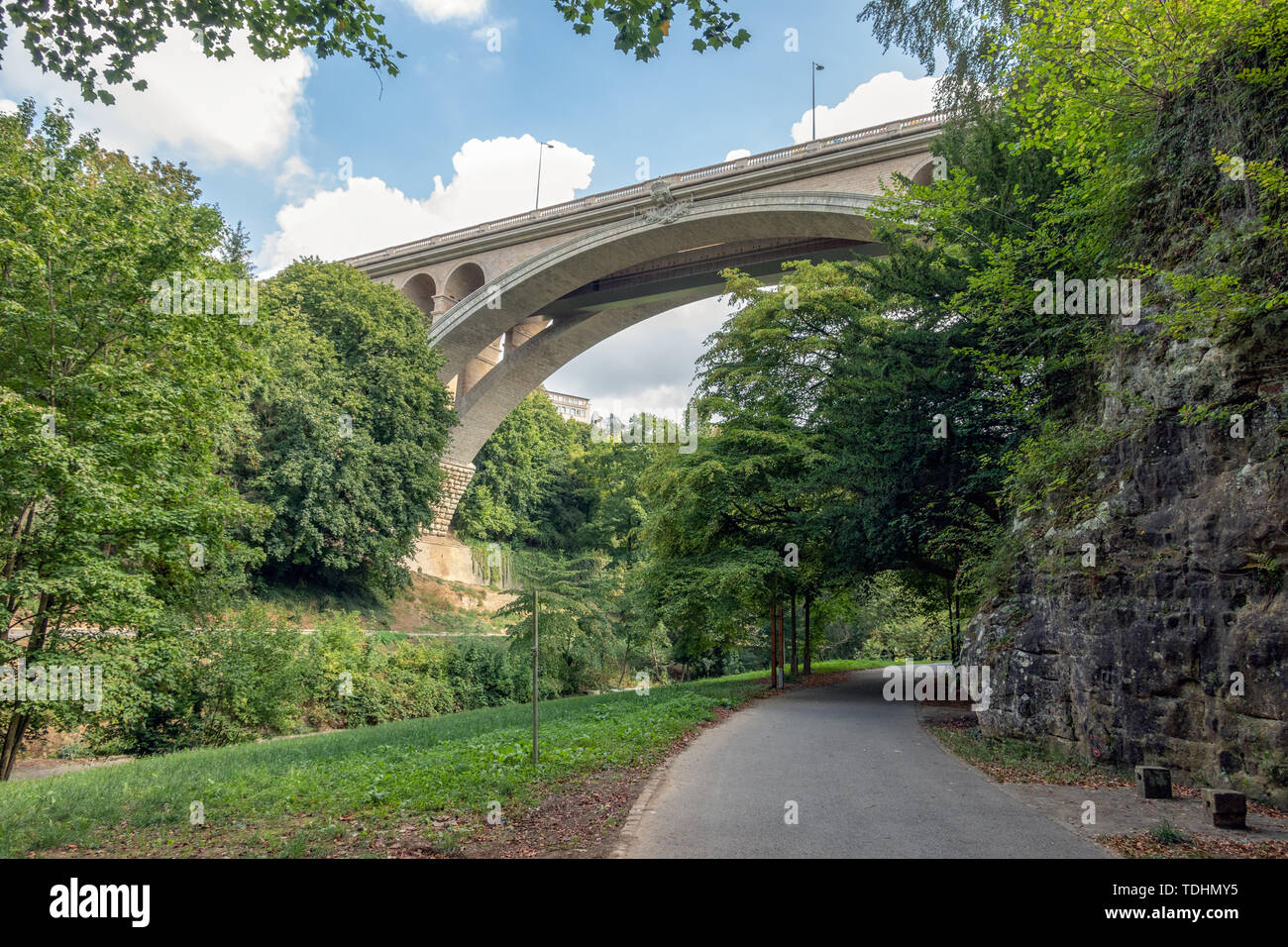 Valley through Luxembourg city with view at bottom Adolphe bridge Stock ...