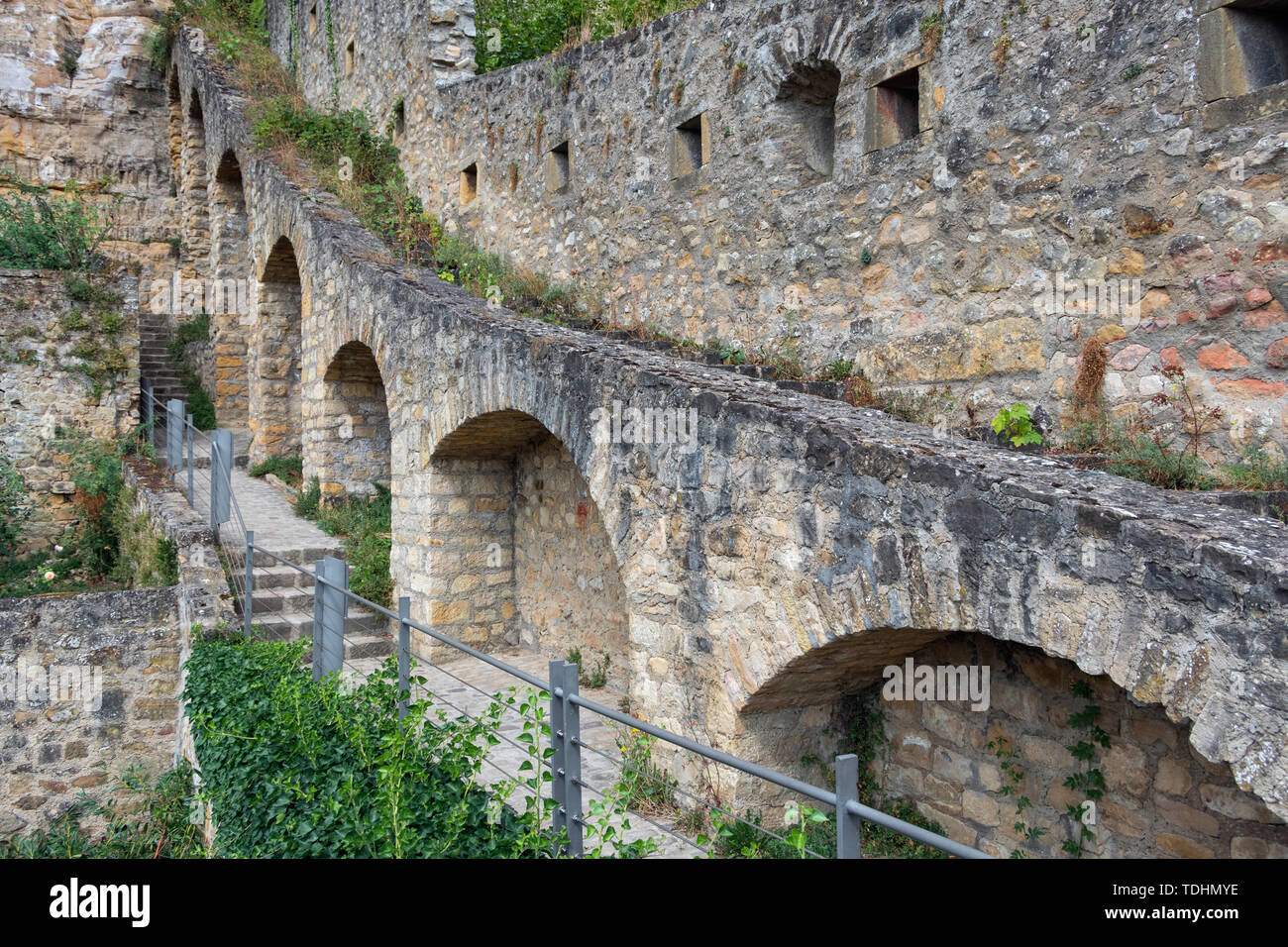 Medieval fortifications Luxembourg city downtown Grund with stairs and ...