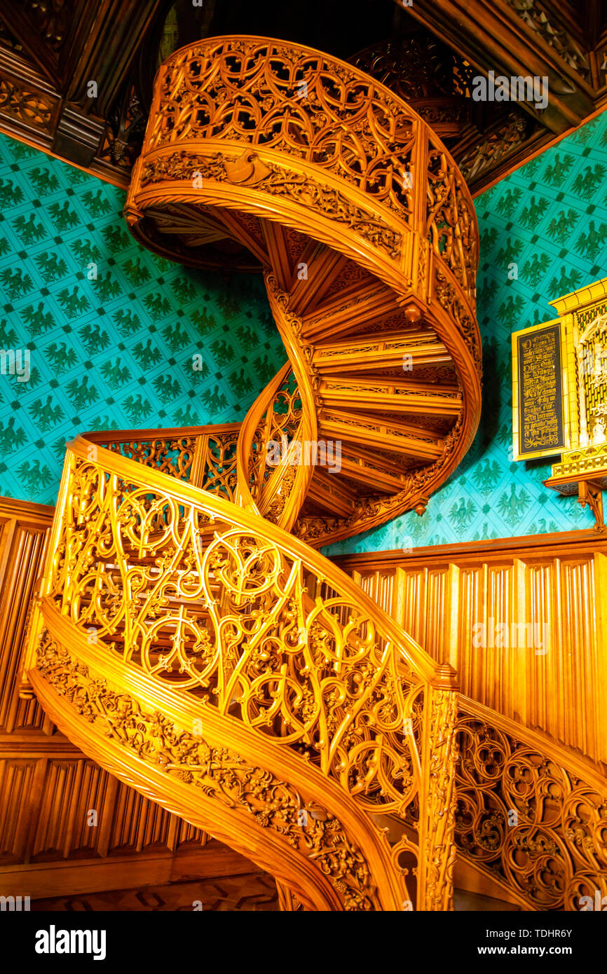 Lednice, Czech Republic - 3.05.2019: A spiral staircase carved from one ...
