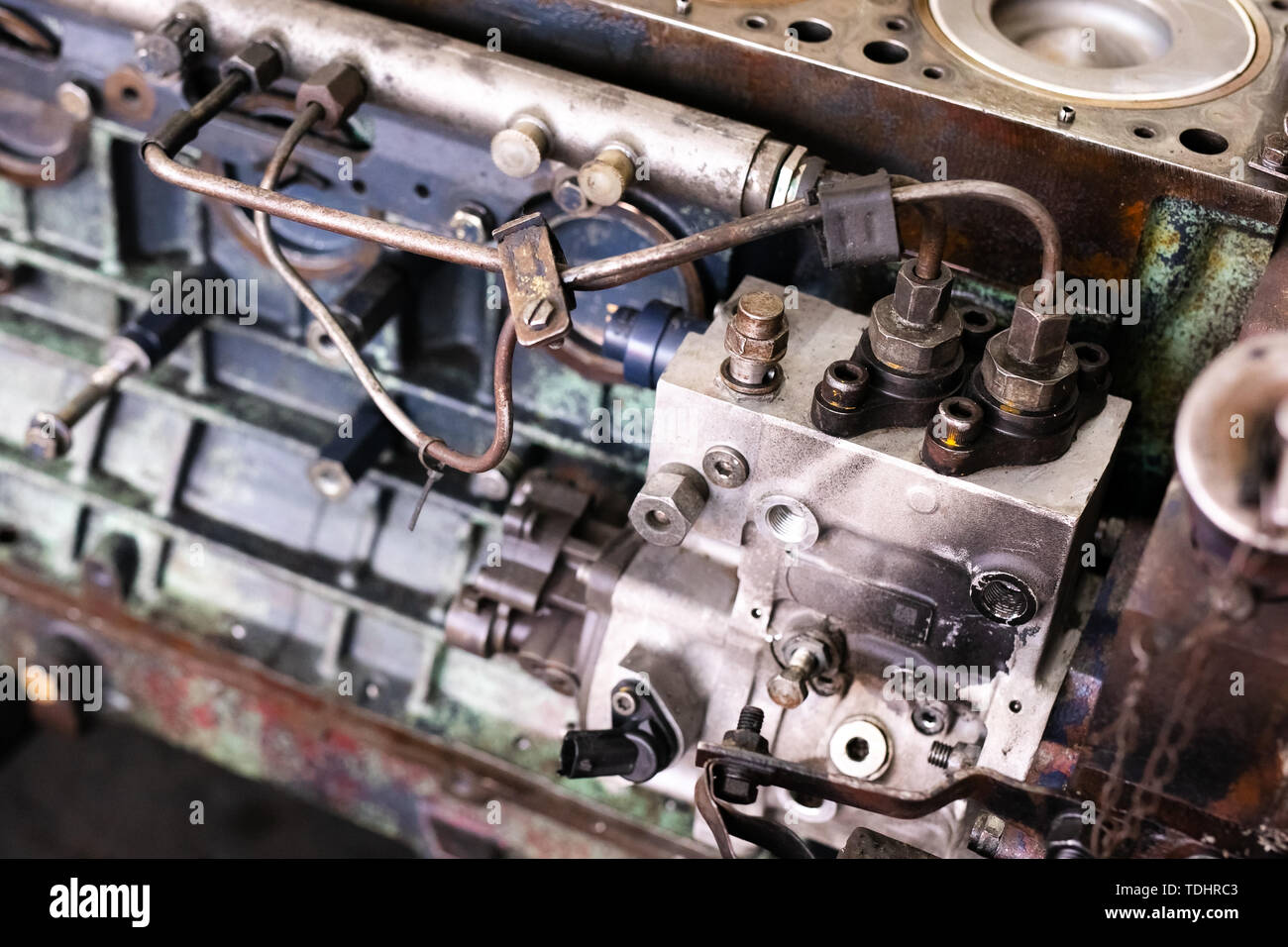 Engine parts of the old havy truck with rusty pipes. Tlorry motor ...