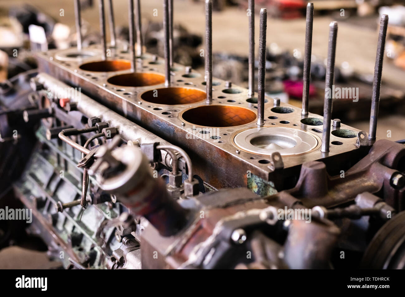 Engine parts of the old havy truck with rusty pipes. Tlorry motor ...