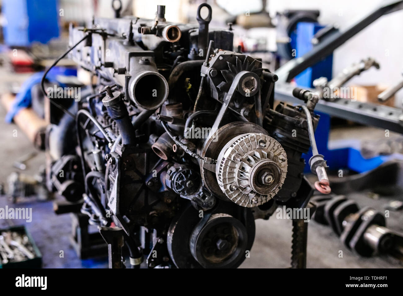 Engine parts of the old havy truck with rusty pipes. Tlorry motor ...