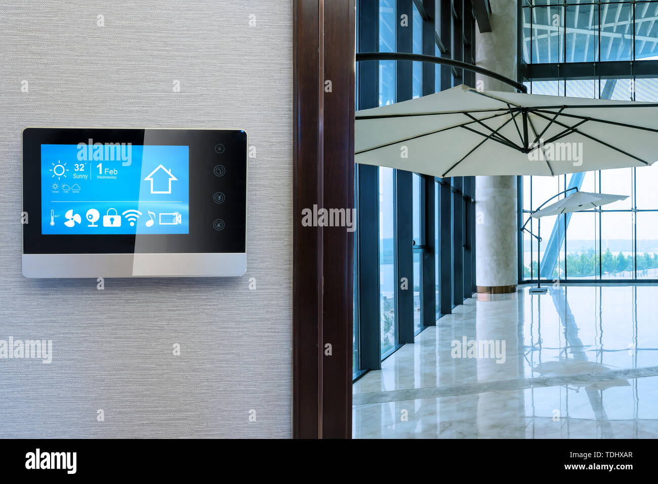 smart screen with smart home with modern hall Stock Photo - Alamy