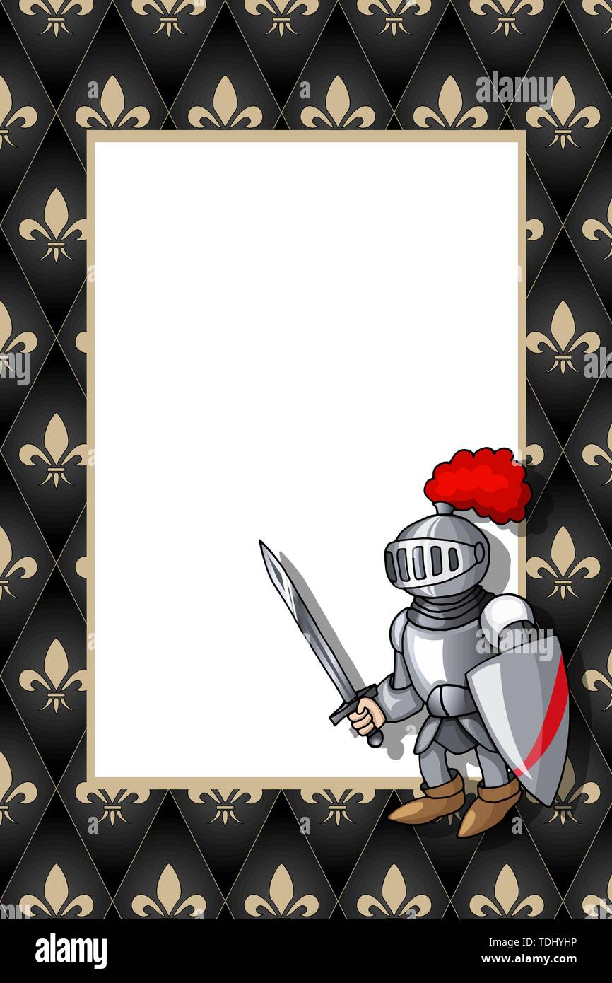 Frame with the knight with sword and shield on the medieval background ...