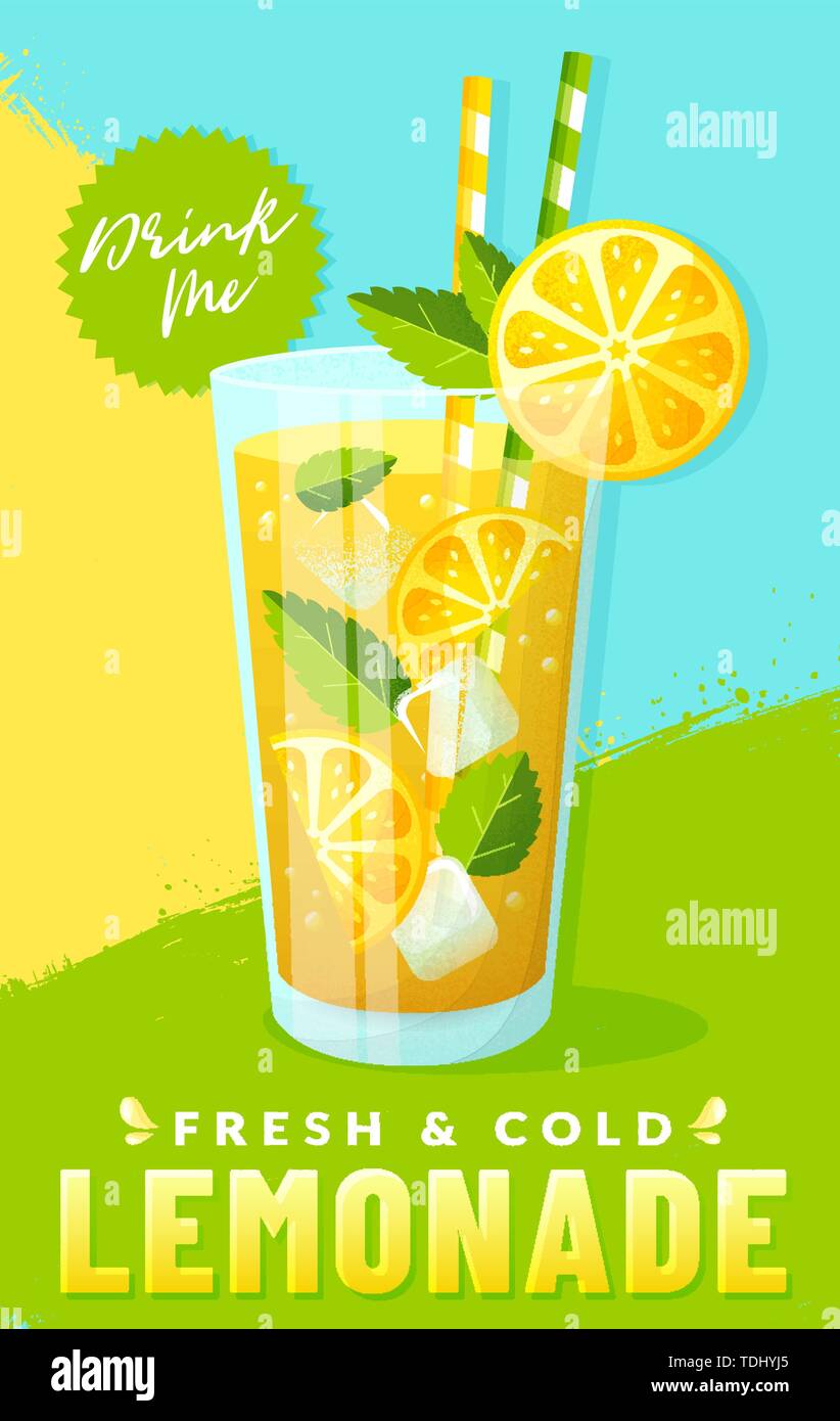 Poster with lemonade. Modern vector illustration with glass of fresh and cold summer drink with ...