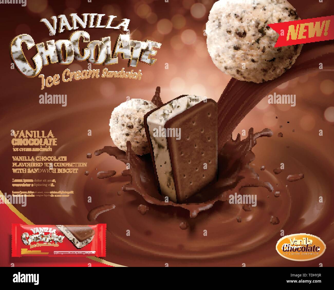 Vanilla chocolate ice cream ads with pouring sauce on bokeh glittering ...