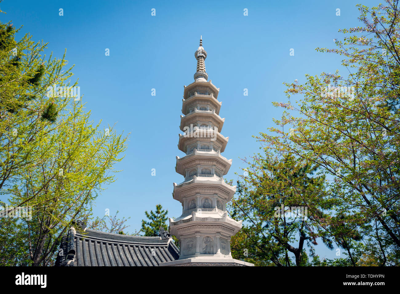 Busan, South Korea - April 2019: Stone pagoda at Haedong Yonggungsa ...