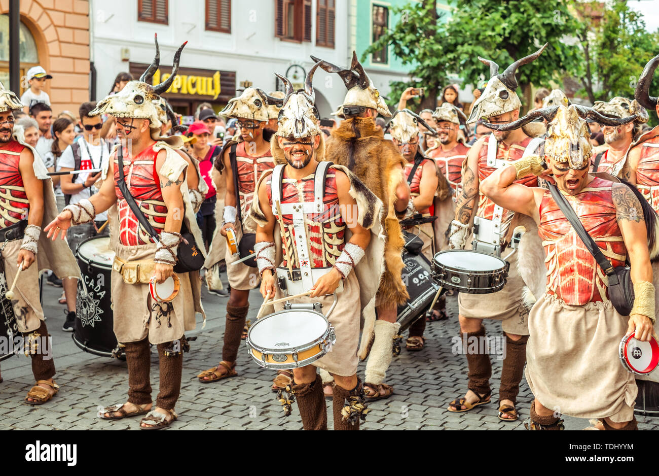 Sibiu City, Romania - 16 June 2019. Batucada Villa Pipol band ...