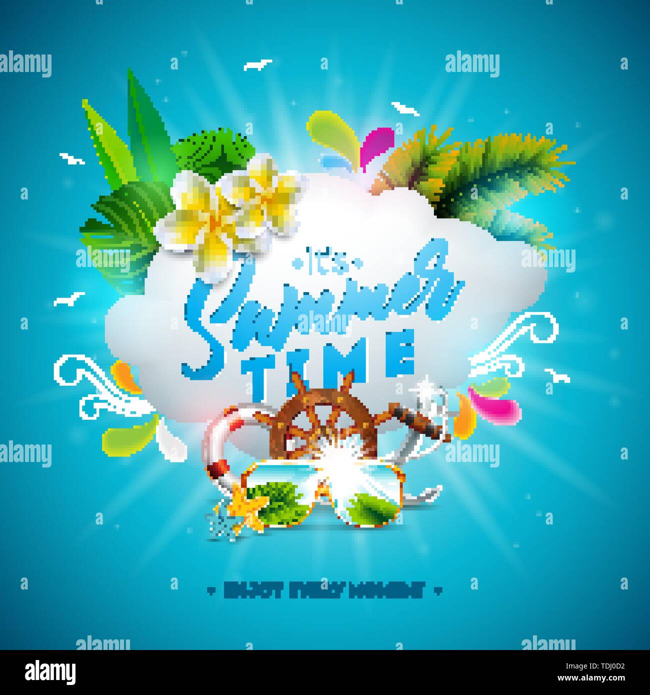 Vector Summer Time Illustration with Flower and Sunglasses on Ocean ...