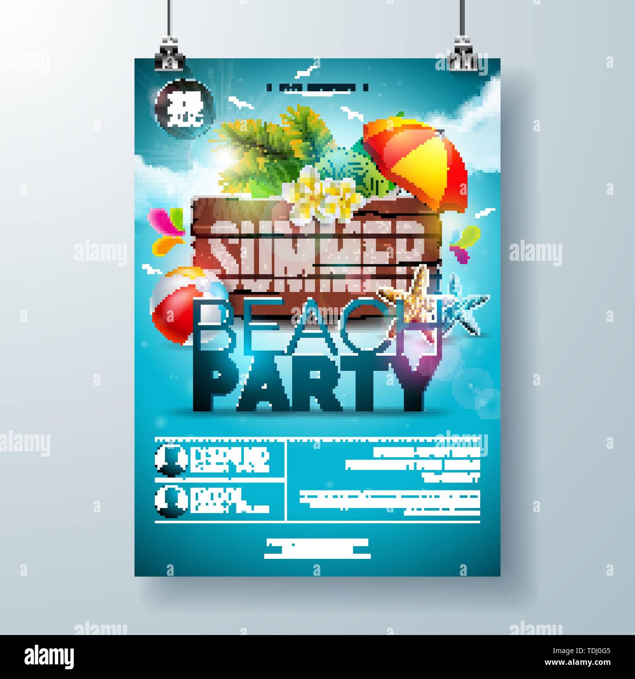 Vector Summer Beach Party Flyer Design with Flower, Palm Leaves and ...