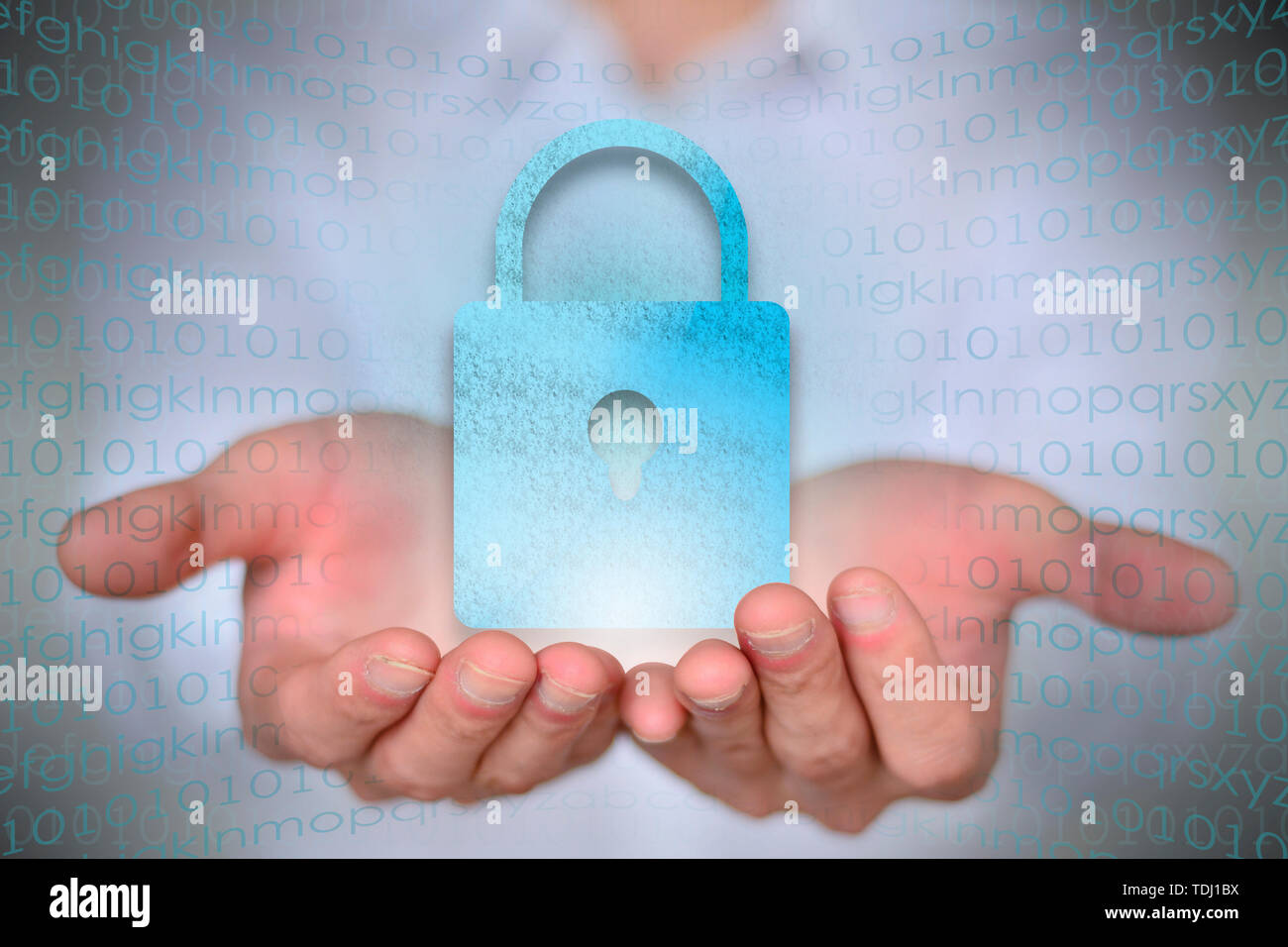 Business man with digital lock in hand Stock Photo - Alamy